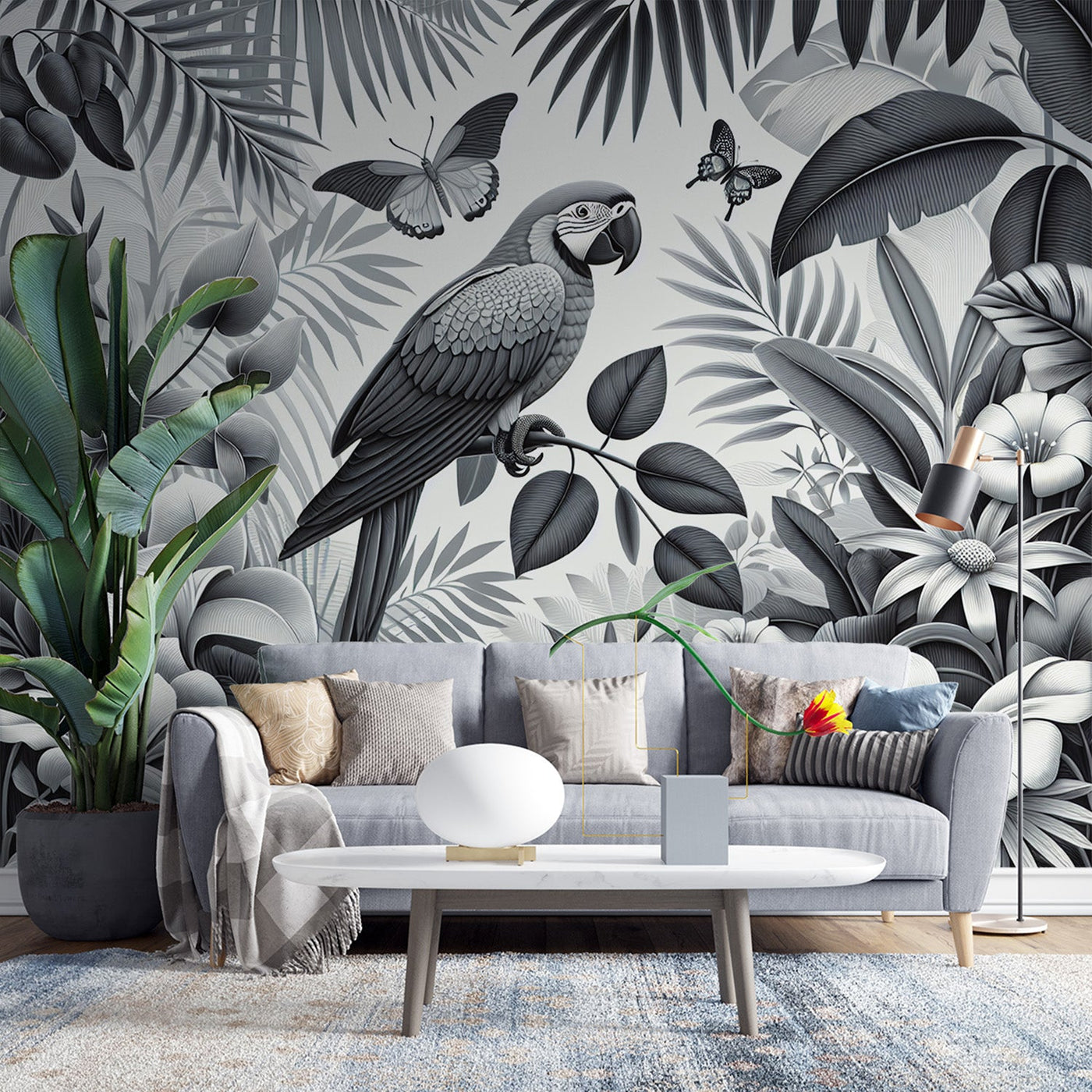 Black and White Parrot Mural Wallpaper | Flowered Jungle with Parrot a ...