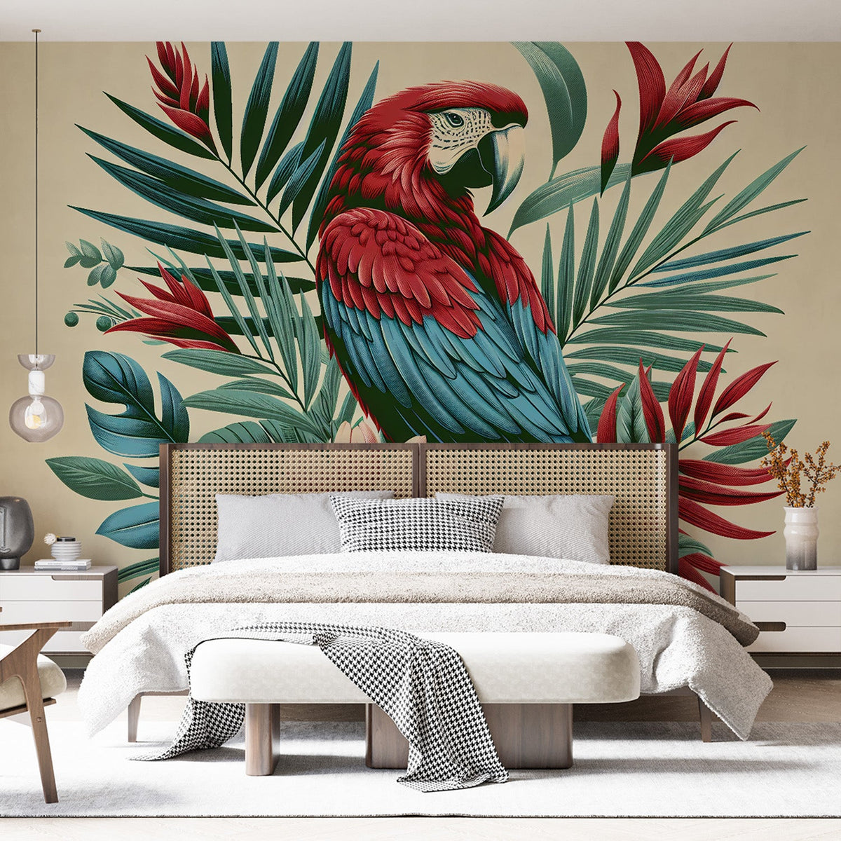 Red and Blue Parrot Mural Wallpaper | Colorful Foliage and Flowers ...