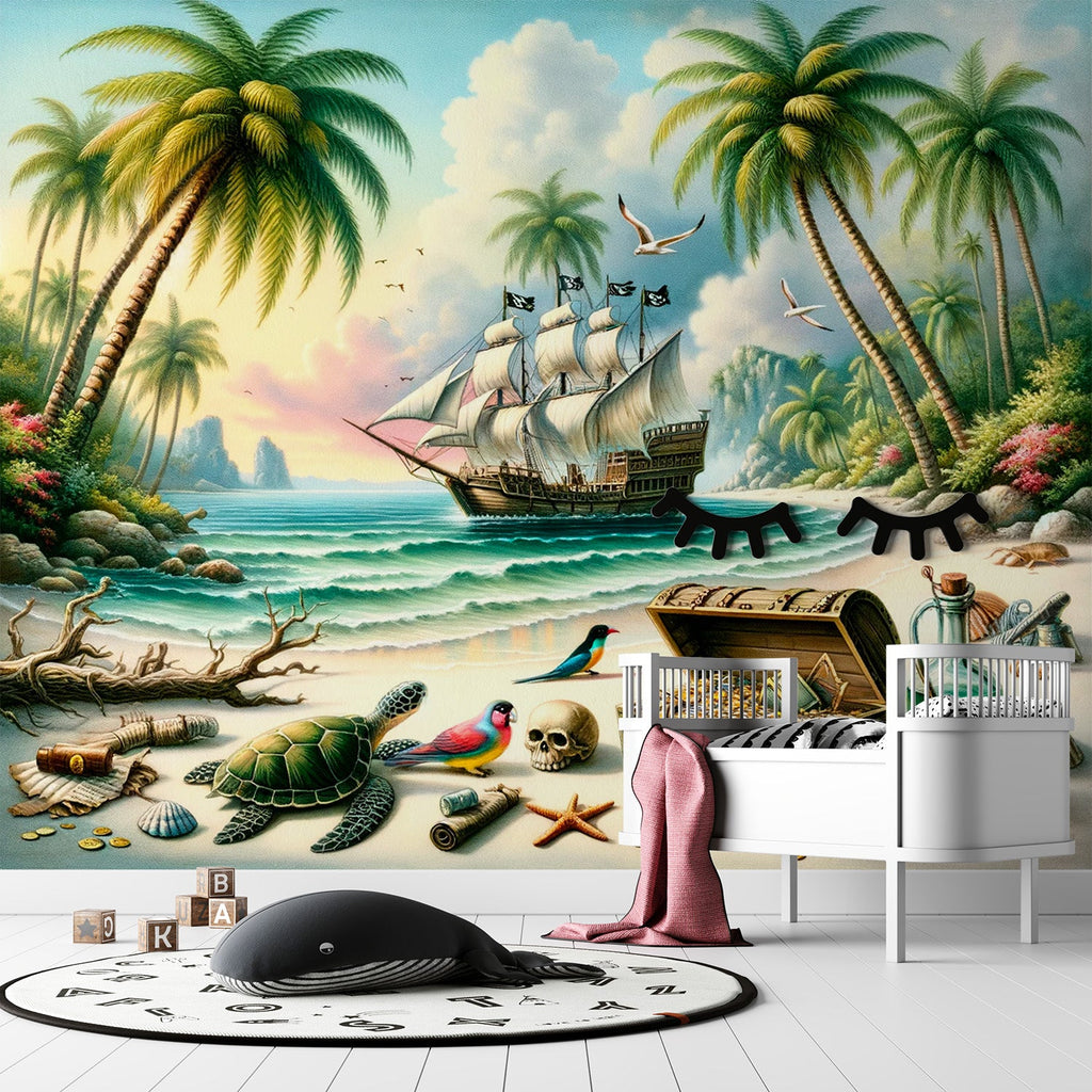 Pirate Mural Wallpaper | Waves and Full Moon in Watercolor — WonderMural