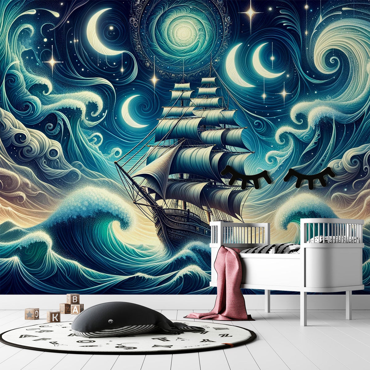 Pirate Mural Wallpaper | Imaginary Wave and Crescent Moon — WonderMural