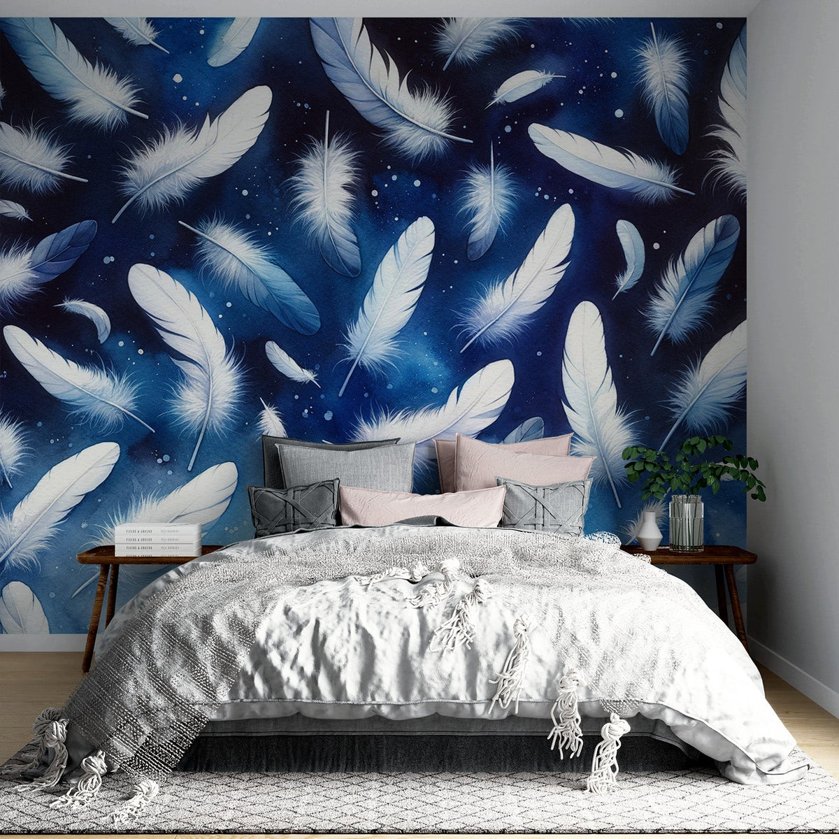 Feather Mural Wallpaper | Midnight Blue Watercolor with White Feathers ...