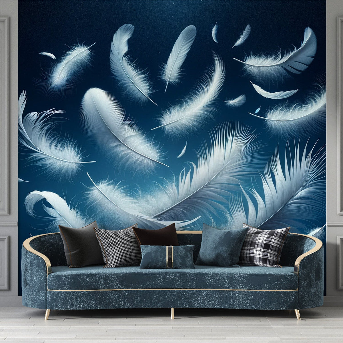 Feather Mural Wallpaper | Realistic White Feather on Midnight Blue Bac ...