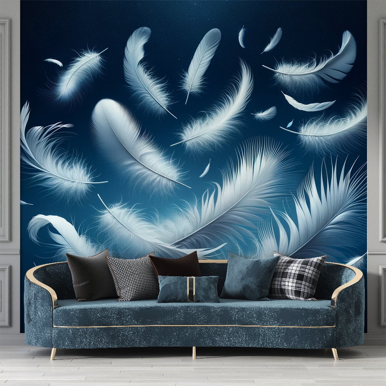 Feather Mural Wallpaper | Realistic White Feather on Midnight Blue Bac ...