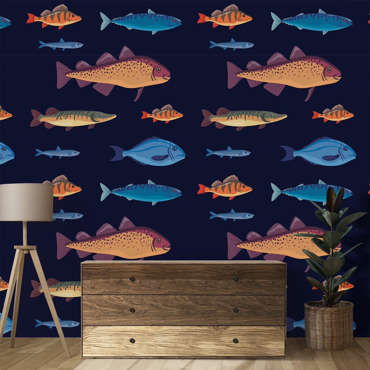 Fish Mural Wallpaper | Orange Tones on a Midnight Blue Background ...