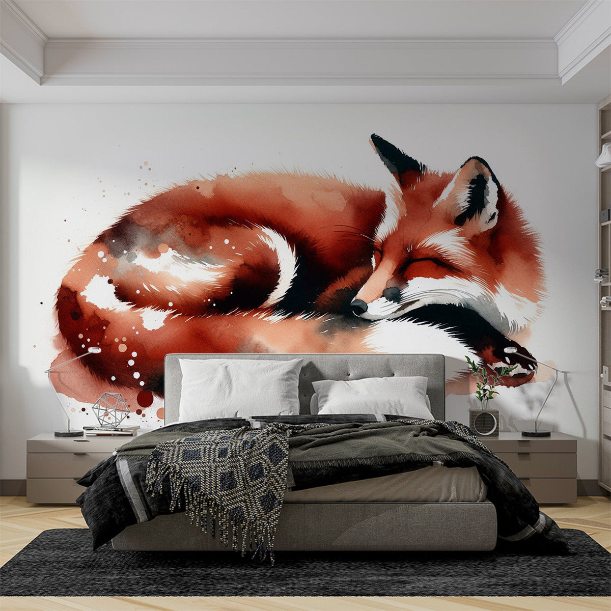 Fox Mural Wallpaper | Watercolor of a Sleeping Fox — WonderMural