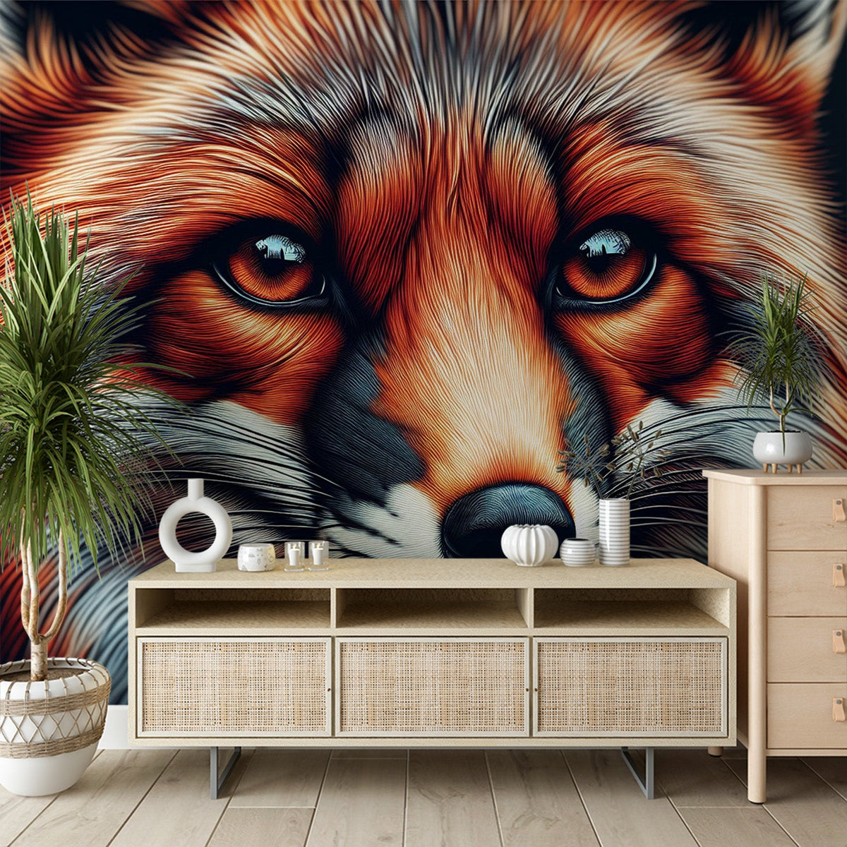 Fox Mural Wallpaper | Close-up Drawing of a Fox Face — WonderMural