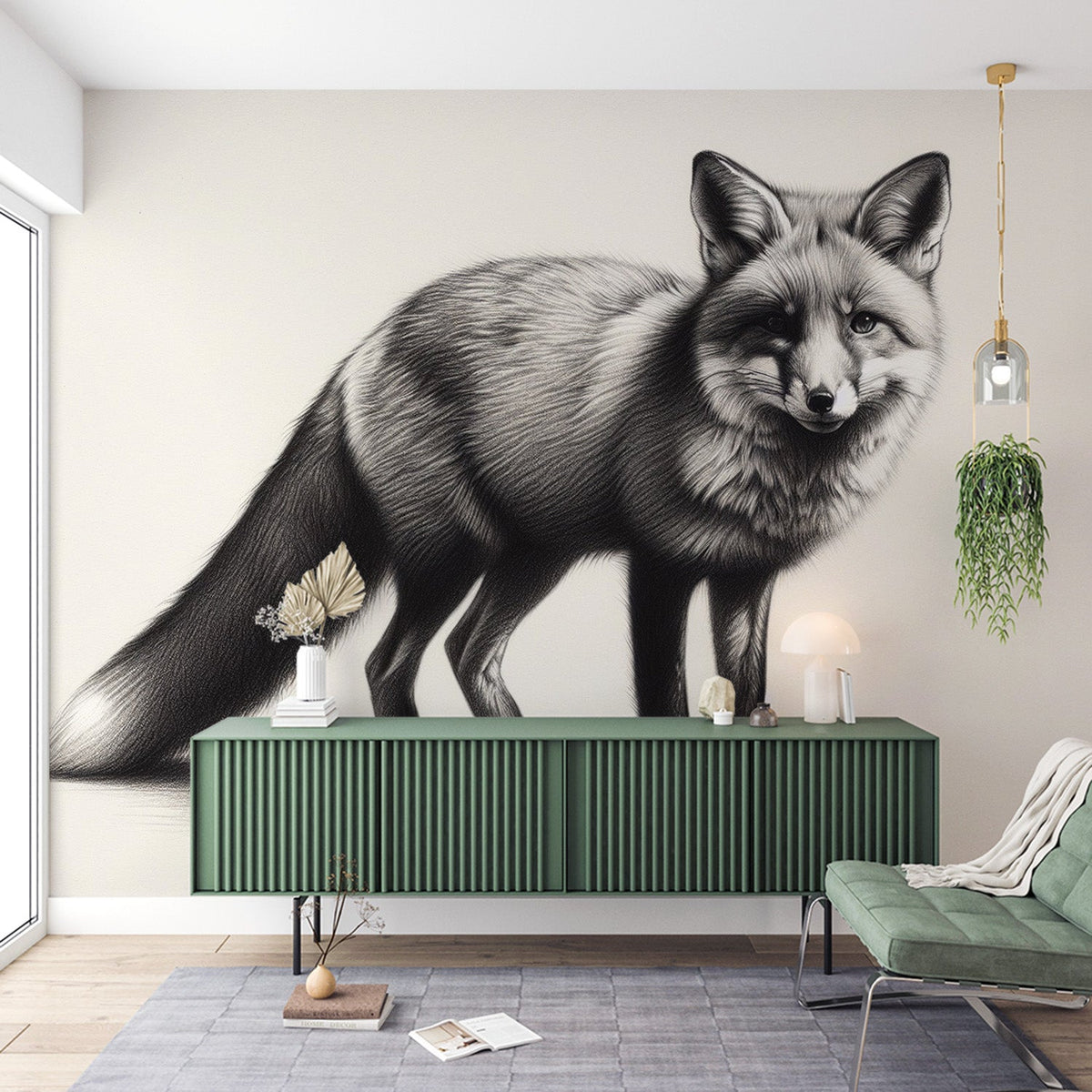 Fox Mural Wallpaper | Black and White Drawing — WonderMural