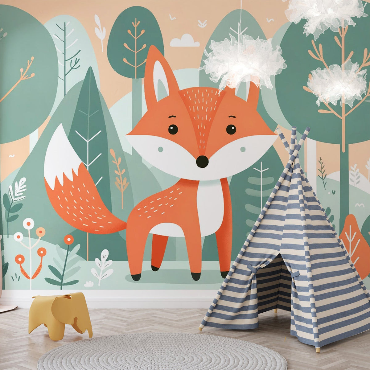 Child Fox Mural Wallpaper | Standing in Its Green Forest — WonderMural