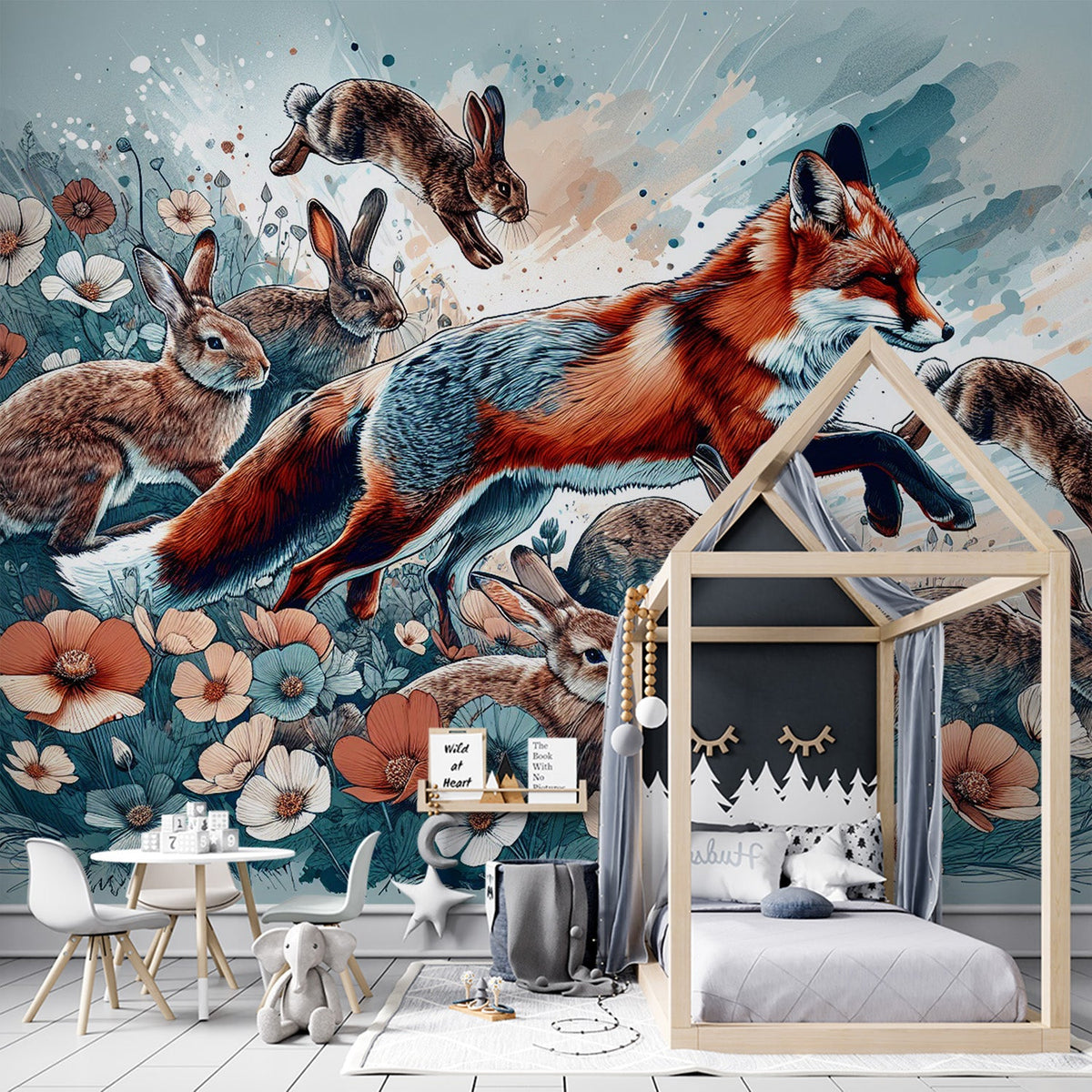 Red Fox Mural Wallpaper | Rabbit Hunt in the Flowers — WonderMural