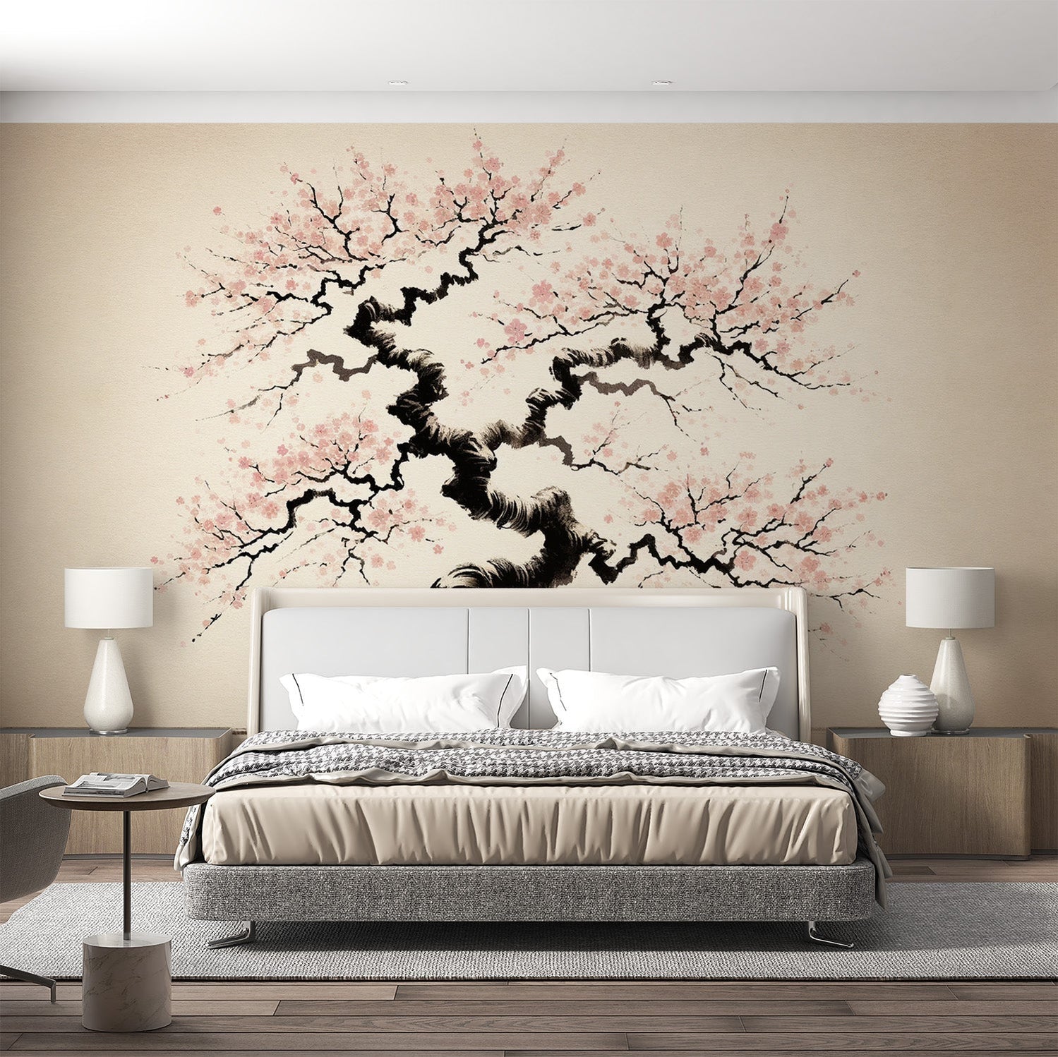 Sakura Mural Wallpaper | Japanese Bonsai Tree with Pink Flowers ...
