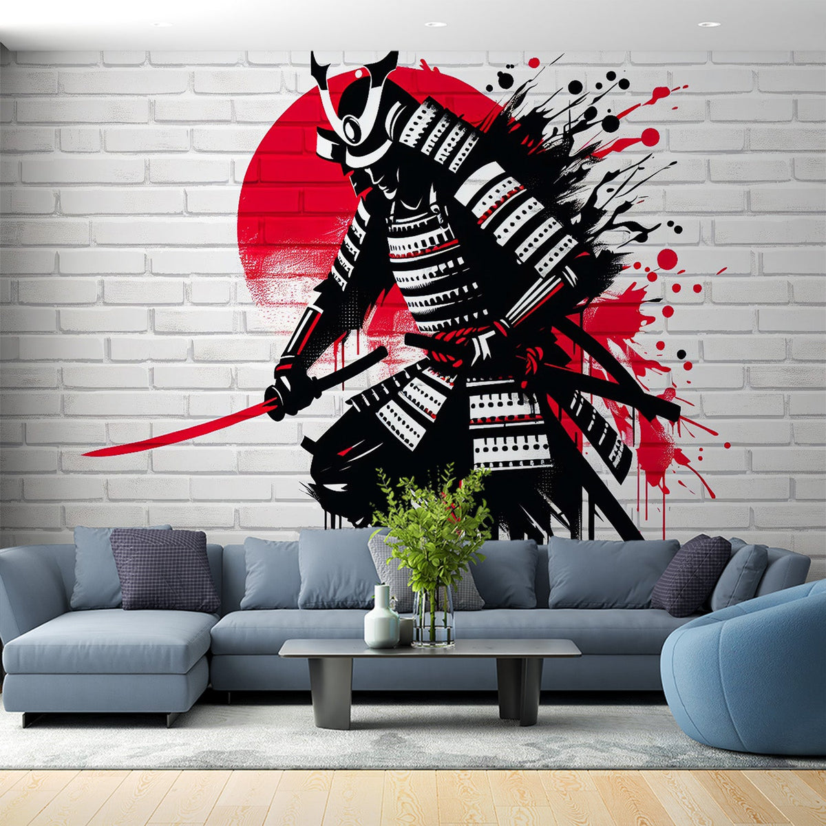 Street art Mural Wallpaper | Red and black samurai on white brick wall ...