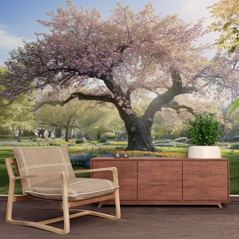 Mural Wallpaper blooming tree | Lush spring landscape — WonderMural