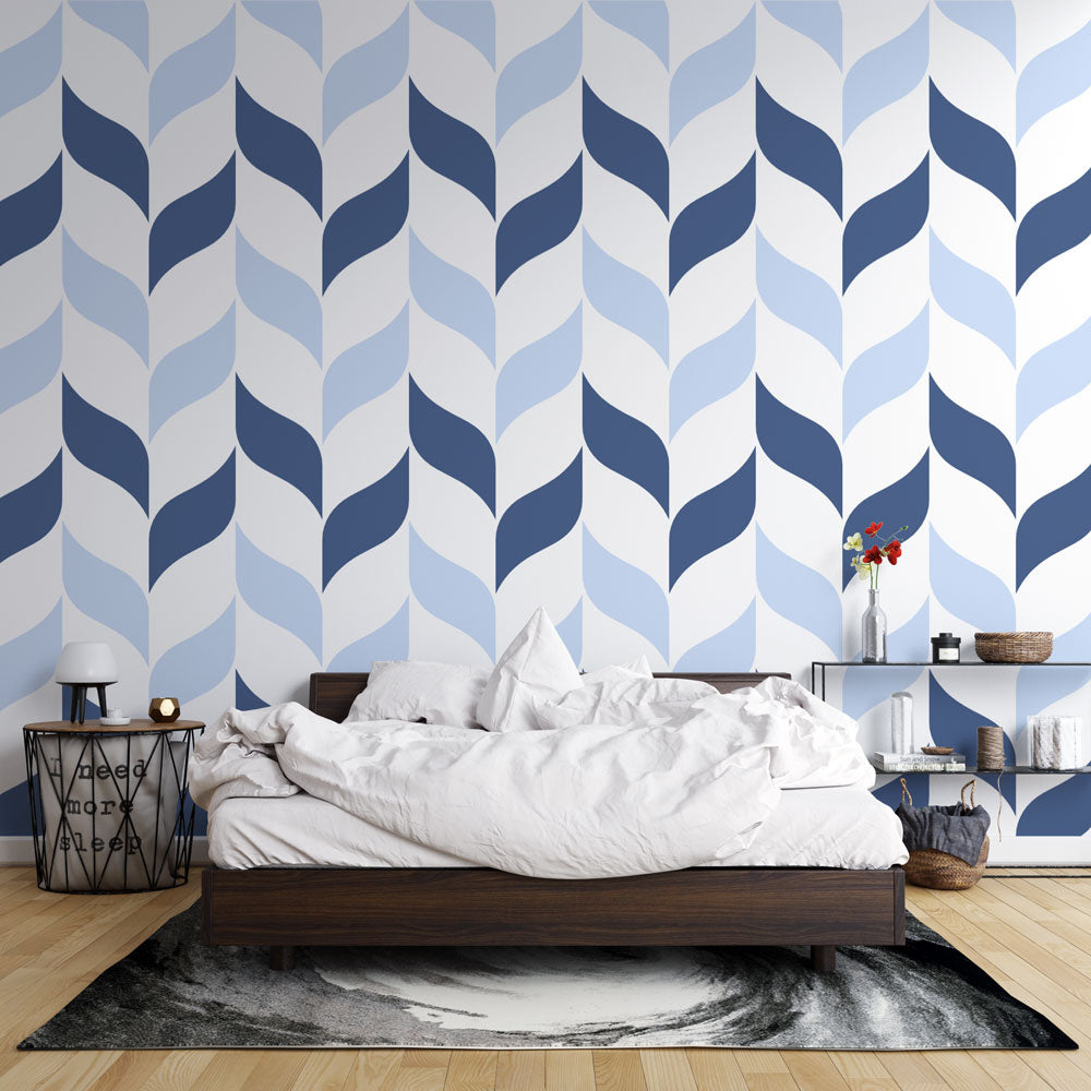 Wavy geometric Mural Wallpaper | Blue and white pattern — WonderMural
