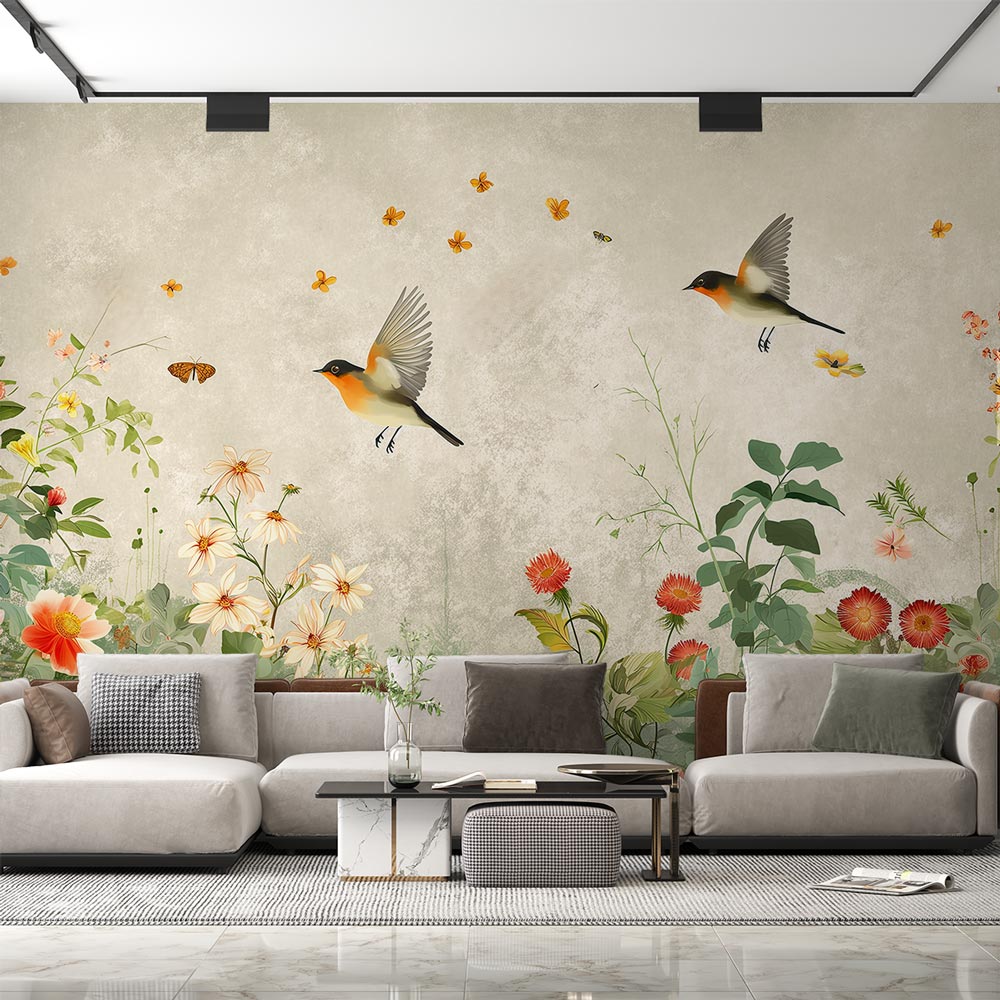 Mural Wallpaper bird | Robins and flowers — WonderMural