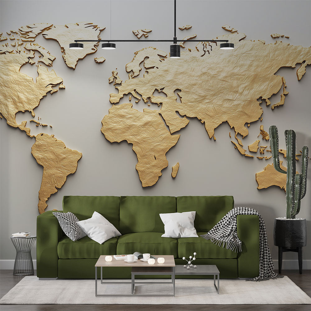 Mural Wallpaper world map | Golden design on neutral background ...