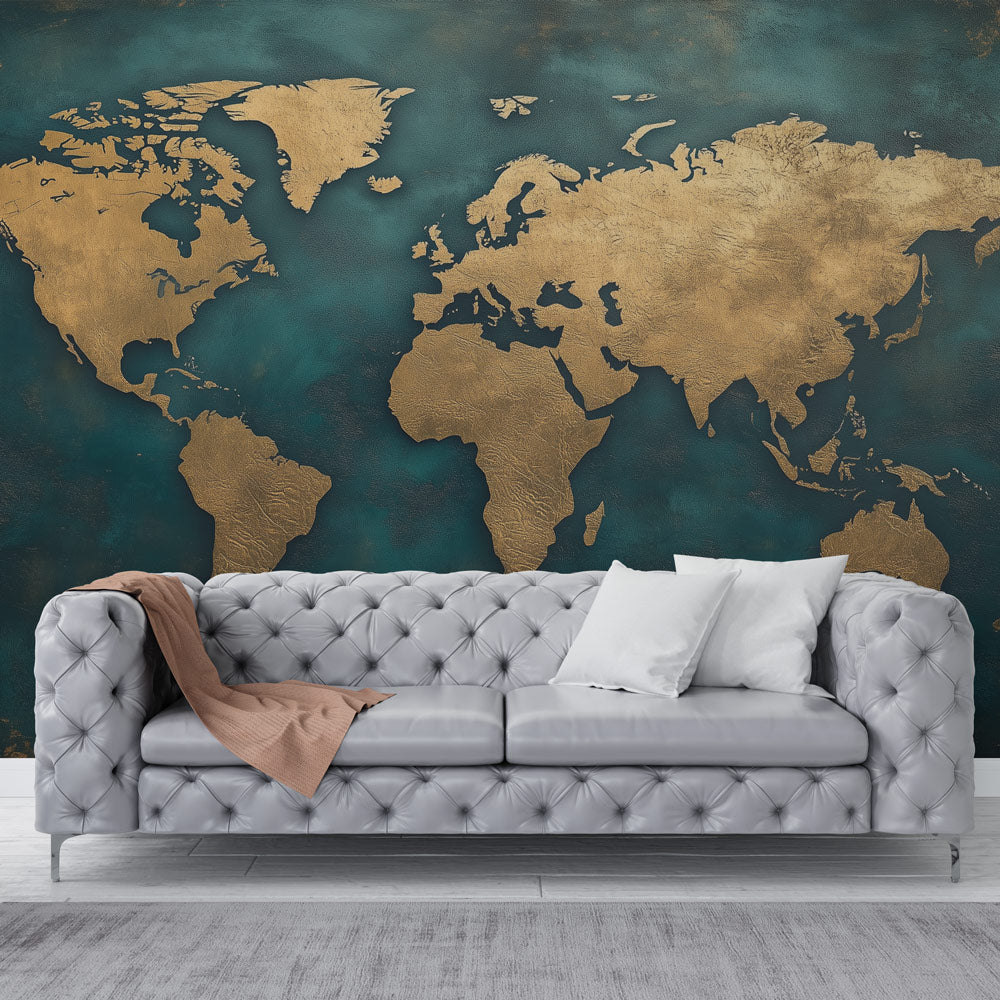 Mural Wallpaper world map | Golden and navy elegance — WonderMural