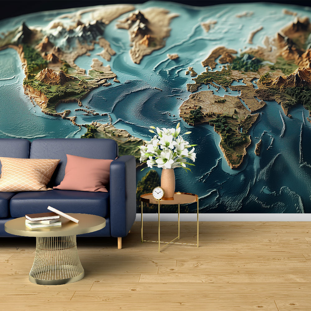 Mural Wallpaper world map | Detailed reliefs and realistic colors ...