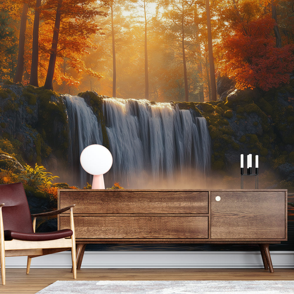 Mural Wallpaper autumn waterfall | Enchanting forest landscape ...