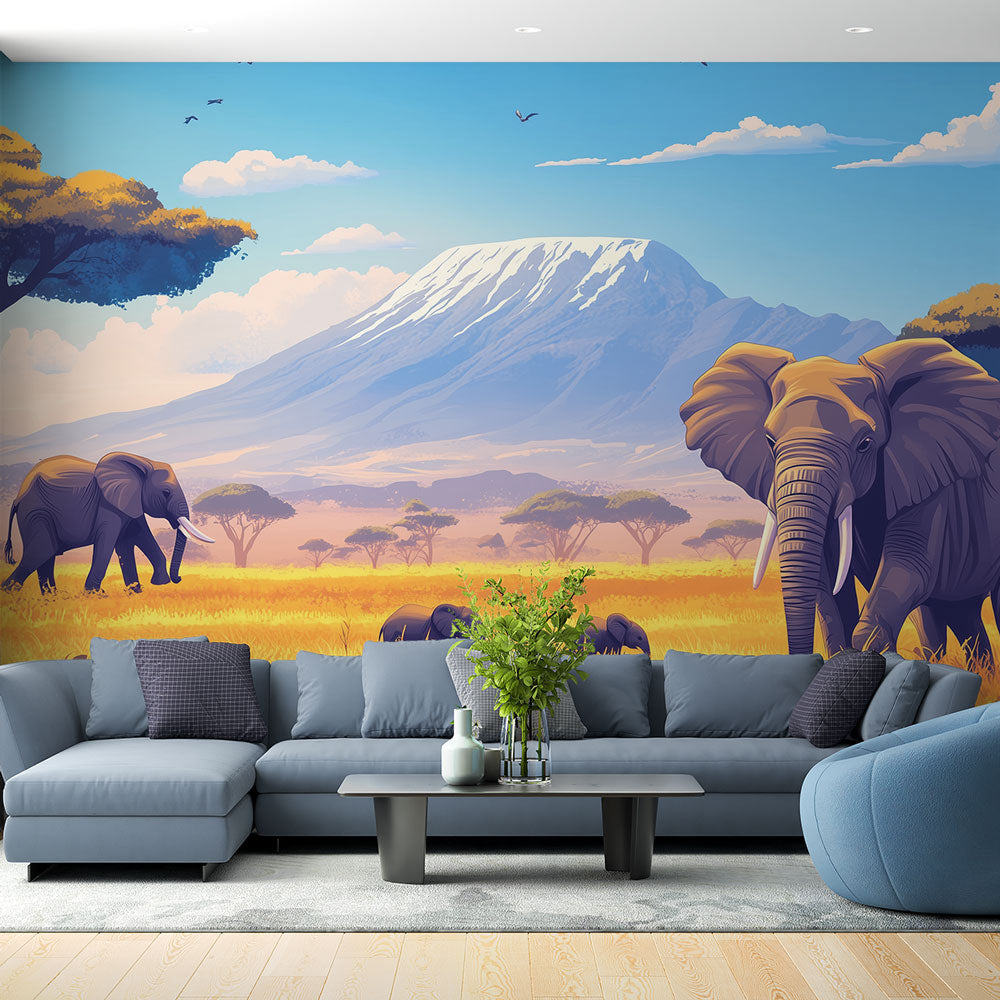 Foto Behang savanne | Elegantie van olifanten met Mount Kilimanjaro ...