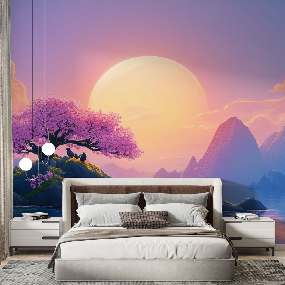 Mural Wallpaper serene landscape | Flowering tree on island at sunset ...