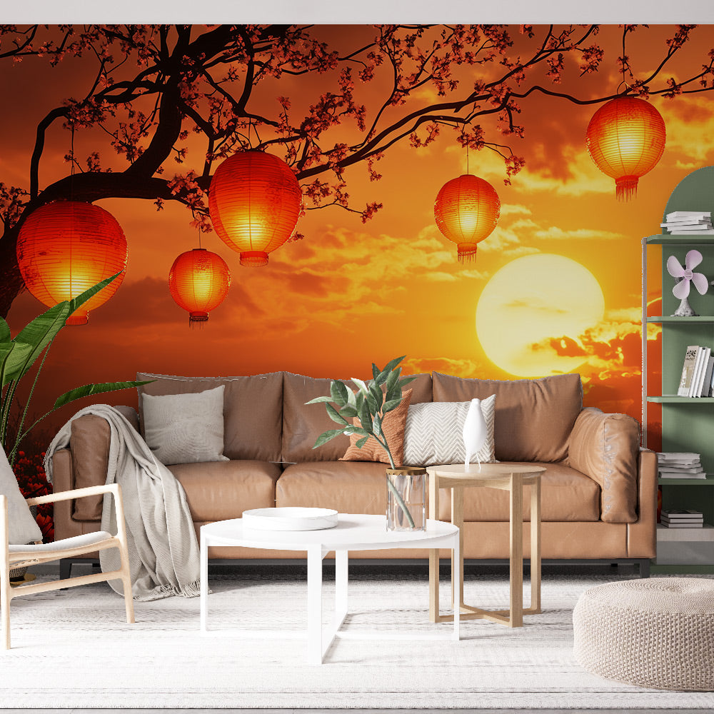 Mural Wallpaper Lantern | Asian Sunset with Lanterns — WonderMural
