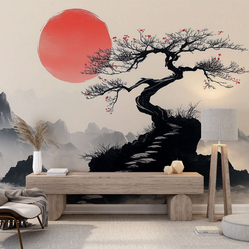 Mural Wallpaper Asian landscape | Tree and red sun — WonderMural