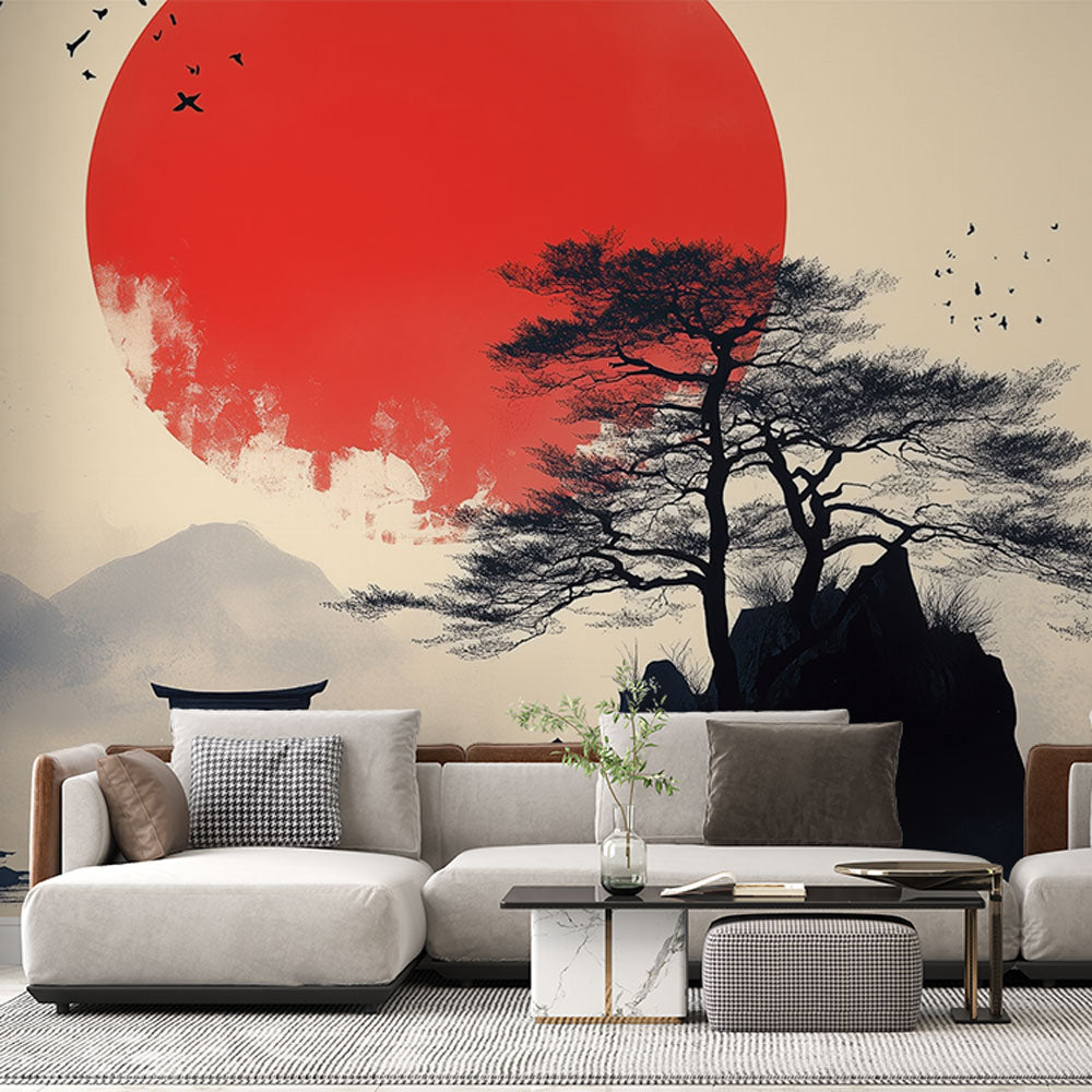 Mural Wallpaper Japanese Landscape | Traditional Art in the Red Sun ...
