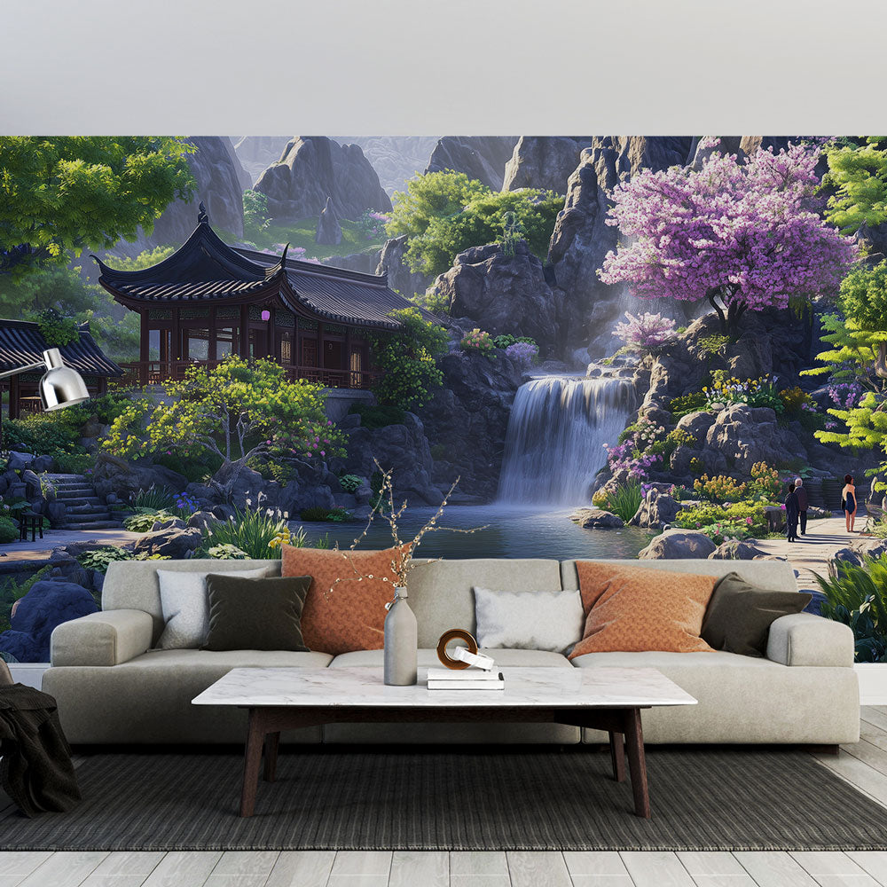 Mural Wallpaper Asian Garden | Serene Landscape with Waterfall ...