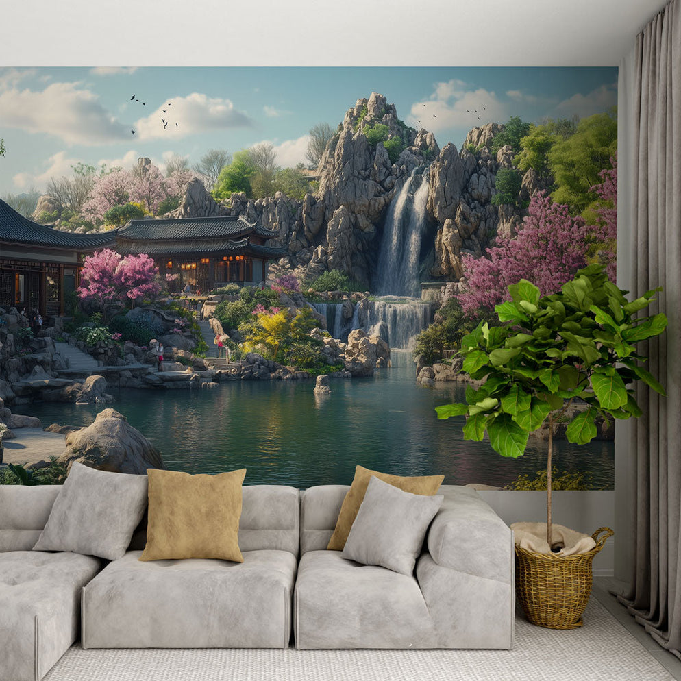 Mural Wallpaper Asian Garden | Peaceful Landscape with Waterfall ...