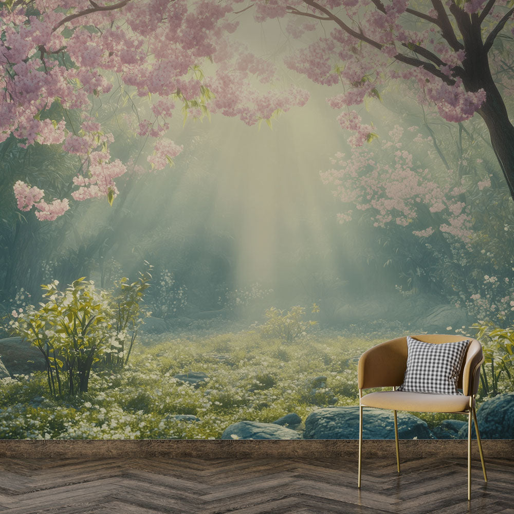 Mural Wallpaper Spring Landscape | Flower Garden with Cherry Trees ...