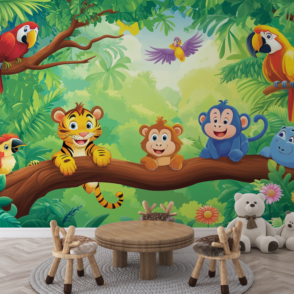 Mural Wallpaper jungle | Colorful and joyful animals — WonderMural
