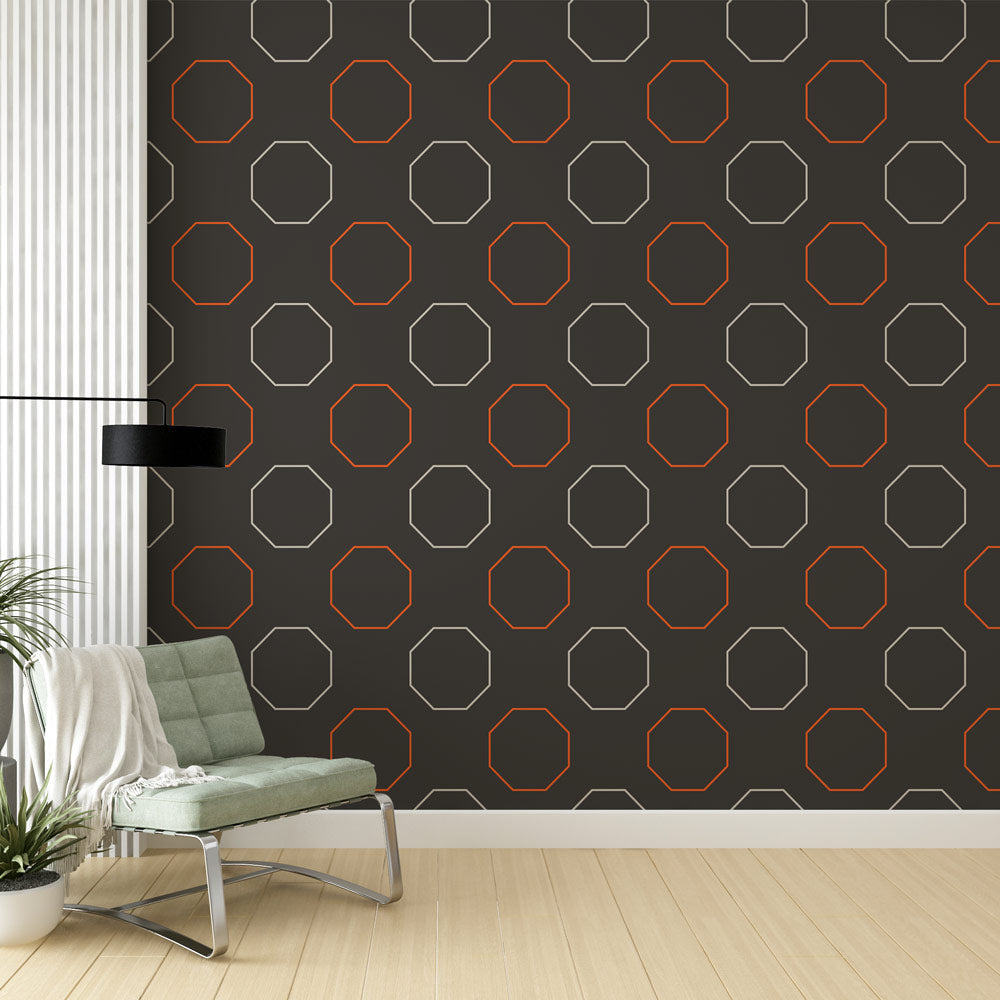 Mural Wallpaper octagonal | Black and orange geometric pattern ...