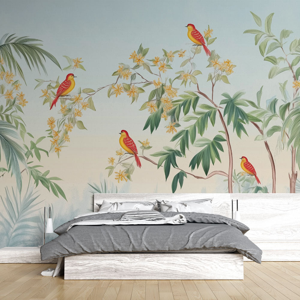 Mural Wallpaper tropical | Colorful birds and palm trees — WonderMural