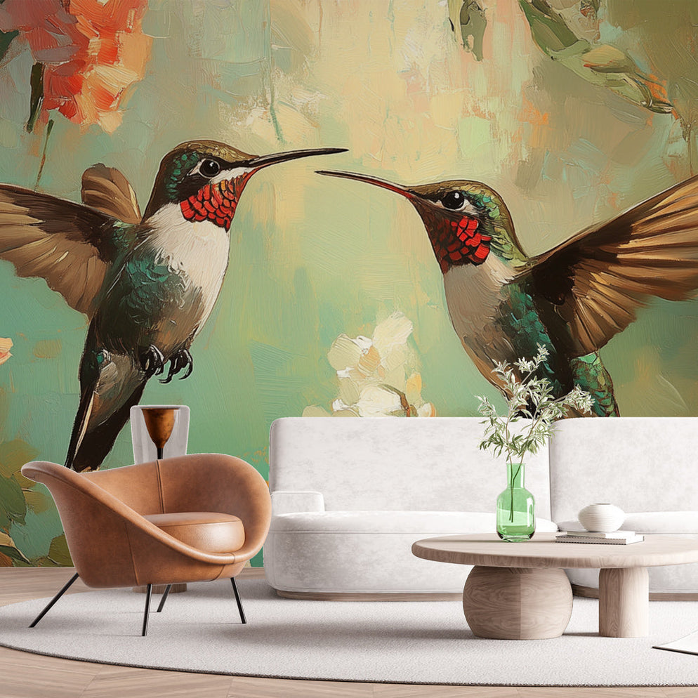 Mural Wallpaper hummingbirds | Artistic painting of hummingbirds and f ...