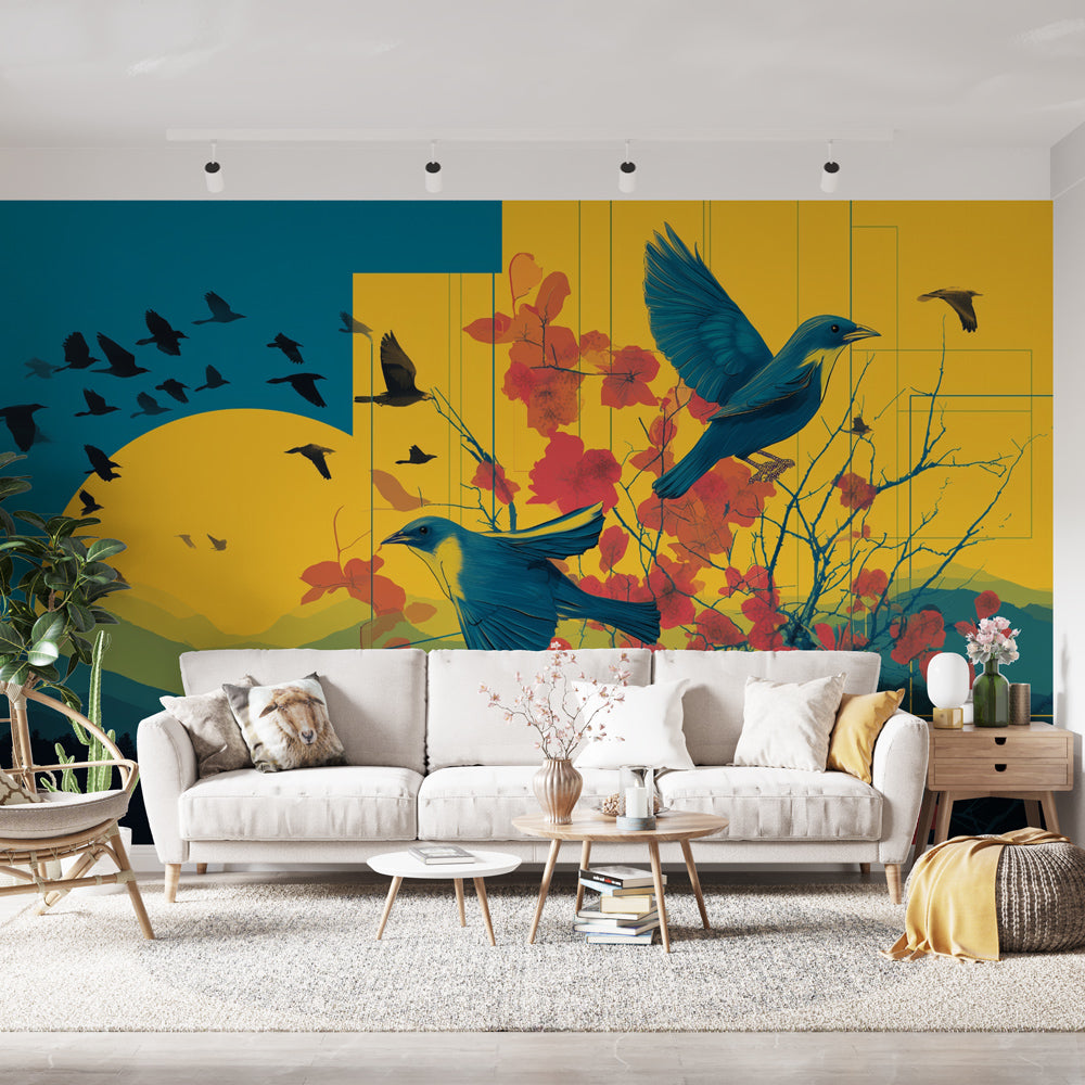 Mural Wallpaper colorful birds | Vibrant nature illustration — WonderMural