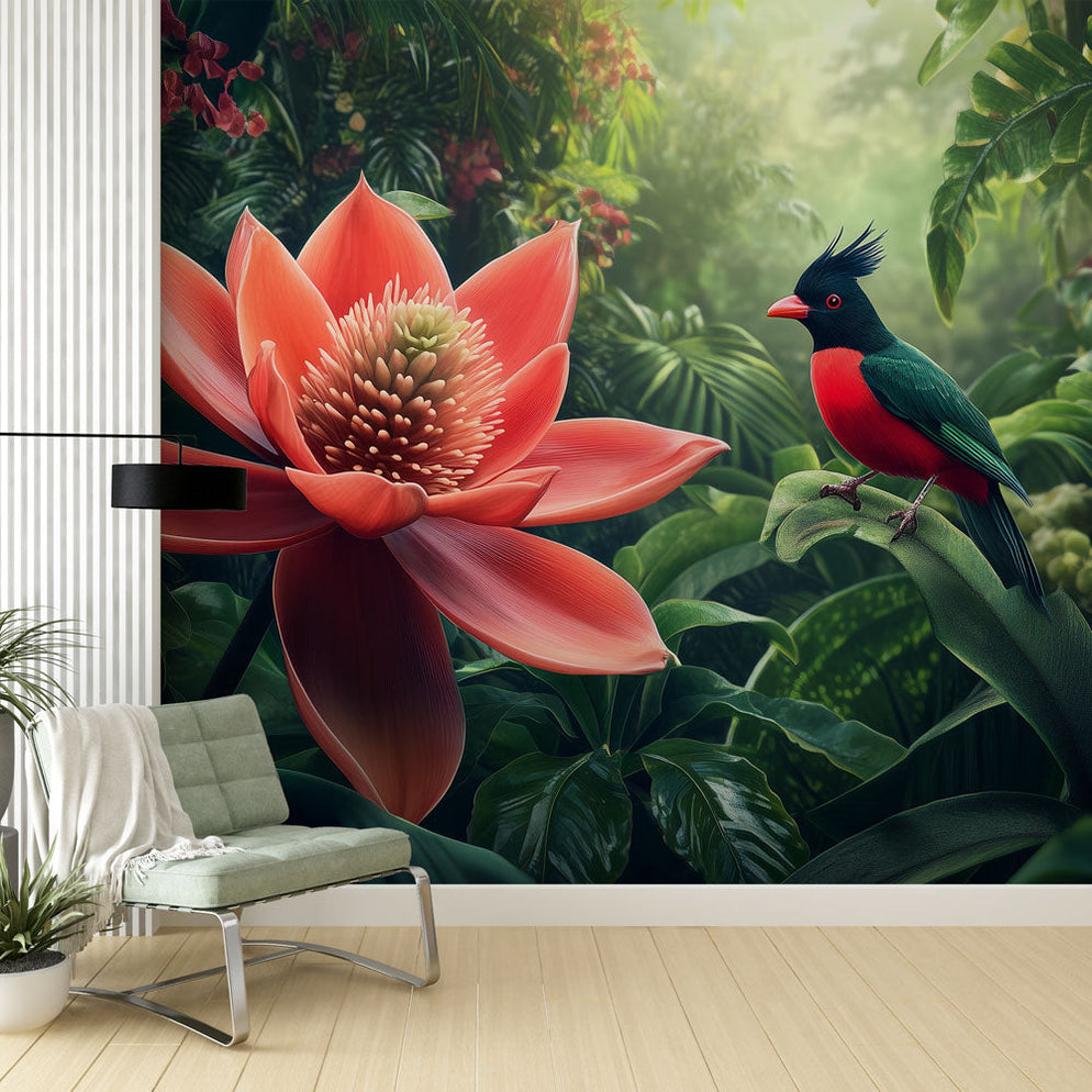 Mural Wallpaper exotic | Tropical flower and colorful bird — WonderMural