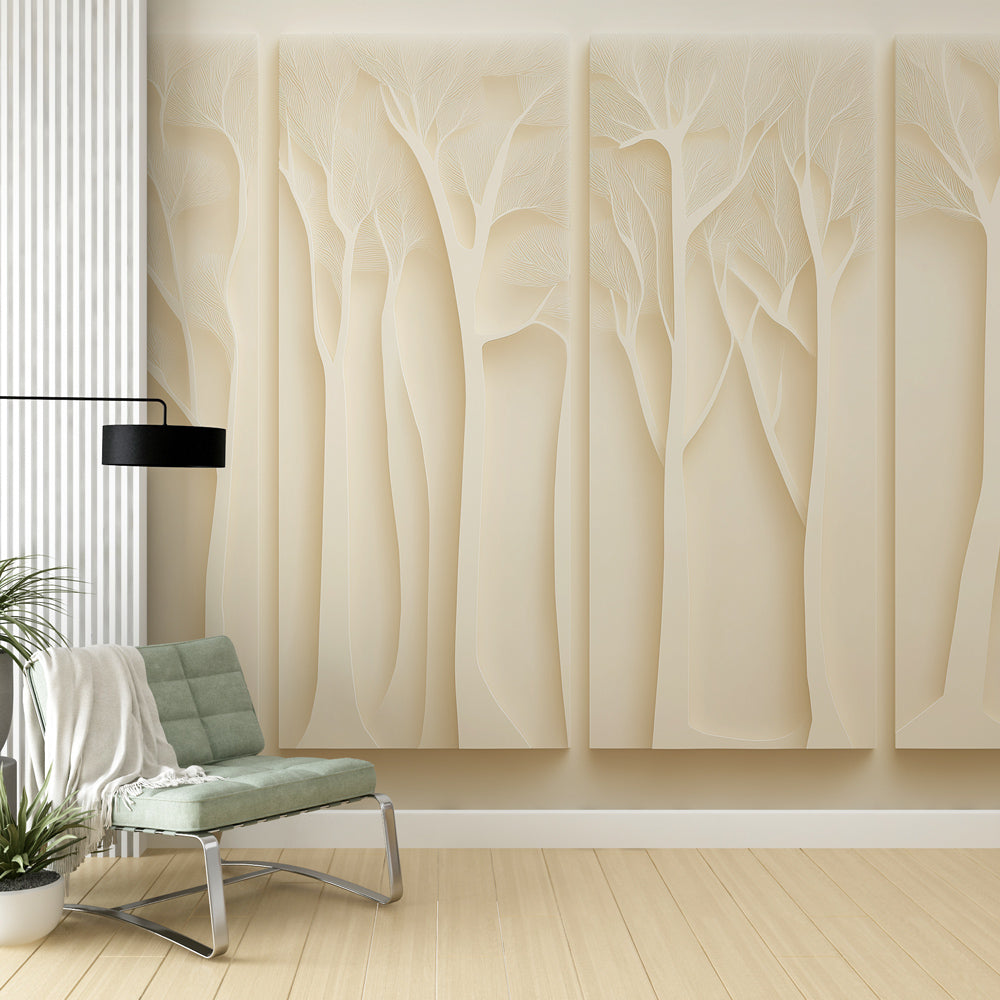Mural Wallpaper white tree | Delicate silhouettes of textured wood ...
