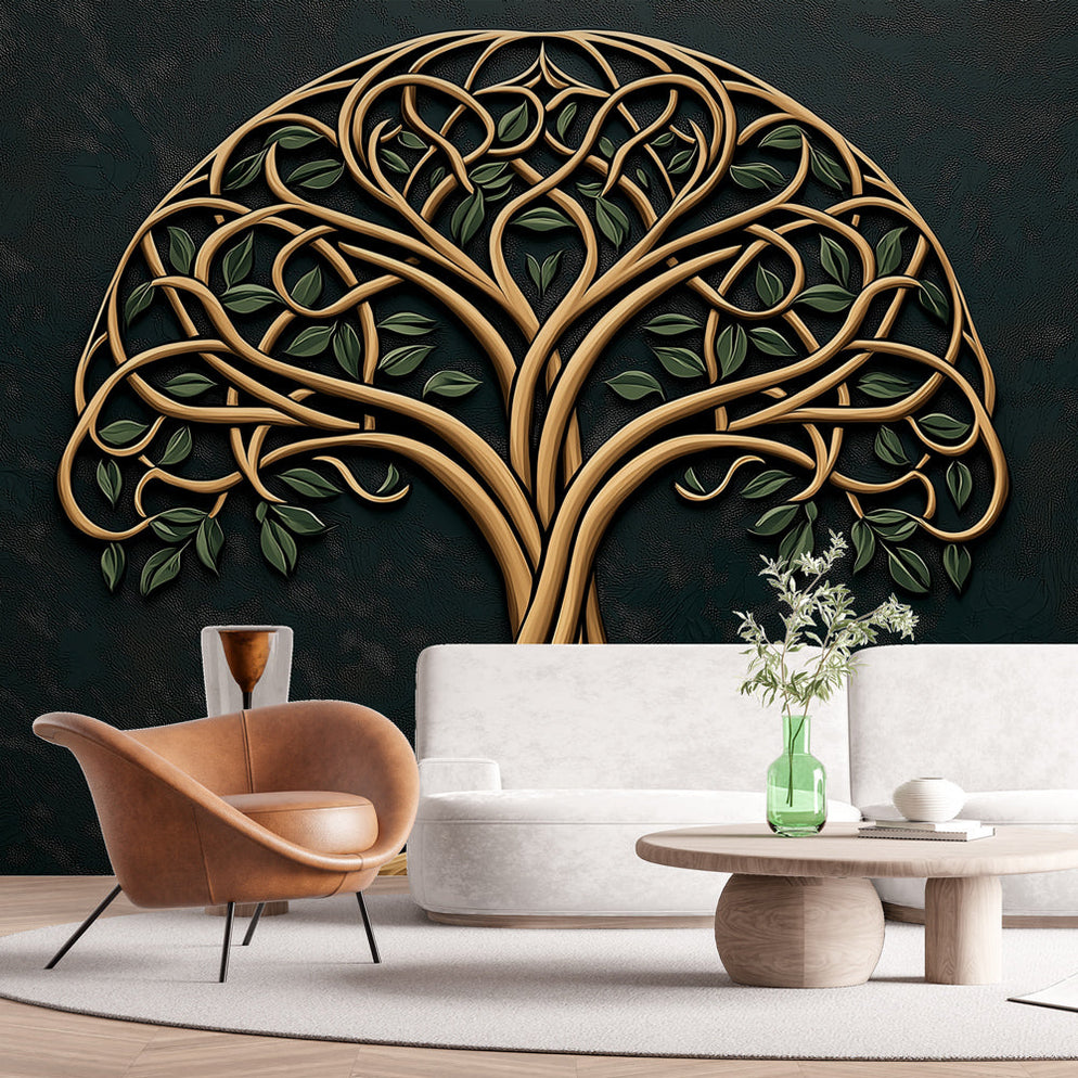 Mural Wallpaper tree of life | Decorative pattern in gold and green ...