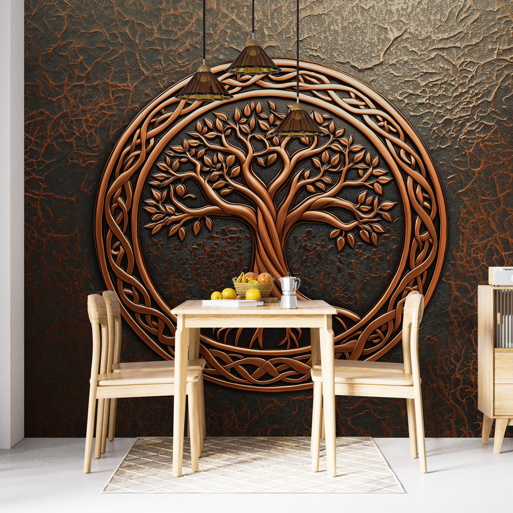 Mural Wallpaper tree of life | Bronze embossed pattern on textured bac ...