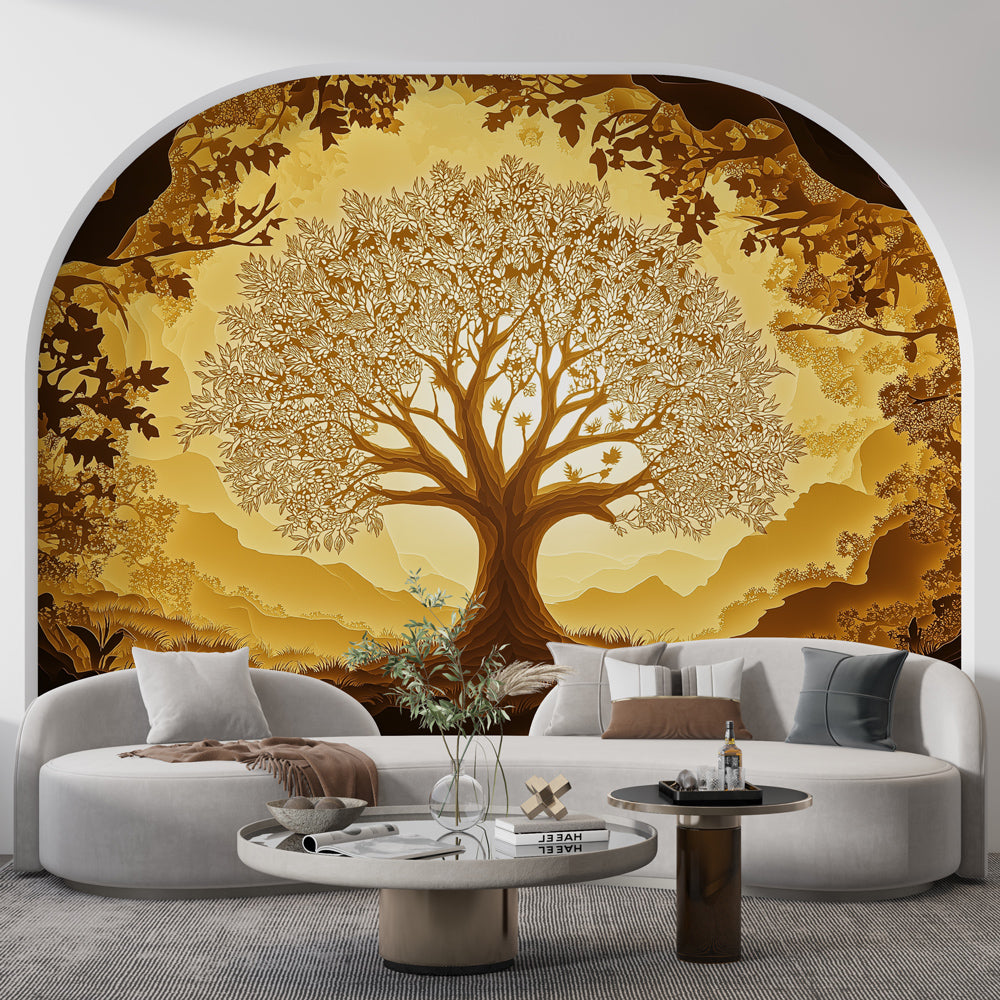 Mural Wallpaper golden tree | Majestic tree surrounded by a bright lan ...