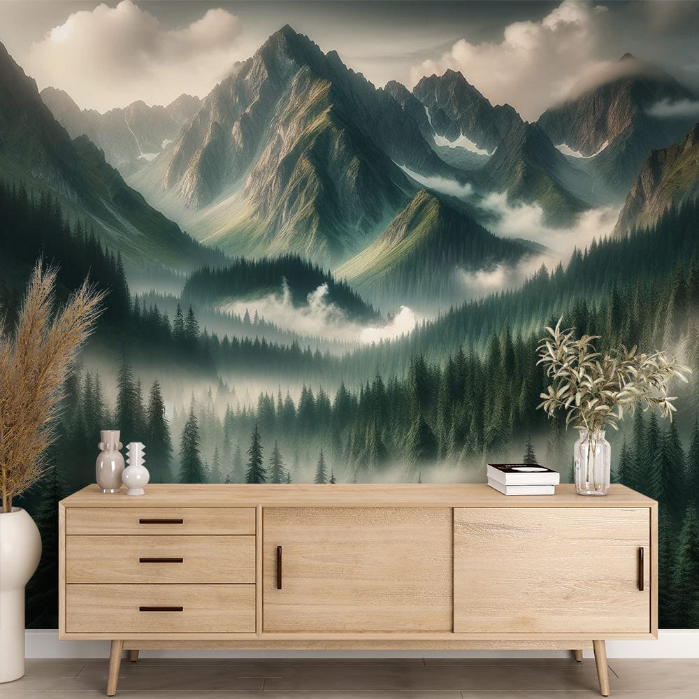 Tree Mural Wallpaper | Mountain and Fir Tree Illustration — WonderMural