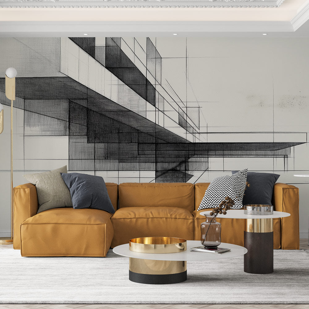 Mural Wallpaper architectural | Linear illustration of modern structur ...