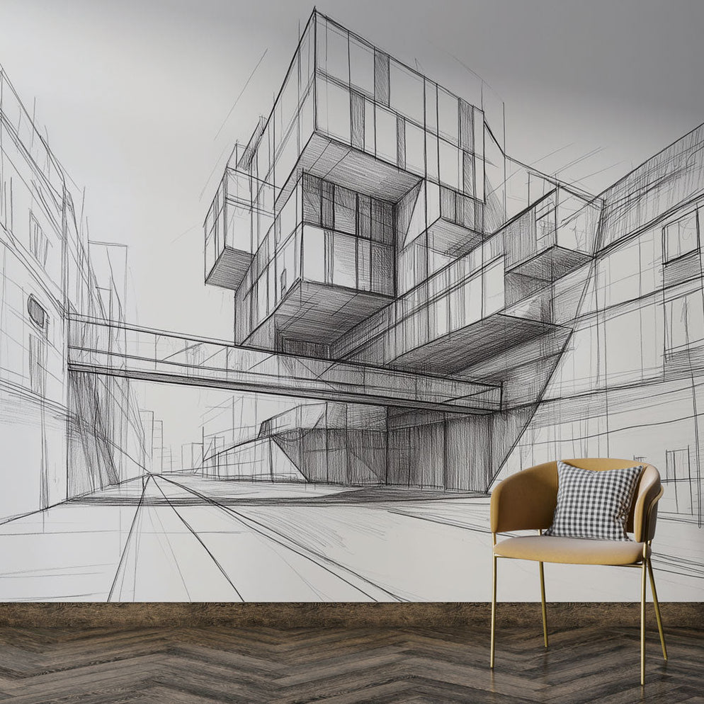 Mural Wallpaper modern architecture | Sketch of a contemporary buildin ...