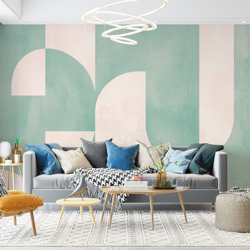 Mural Wallpaper art déco | Green and beige with circular shapes ...