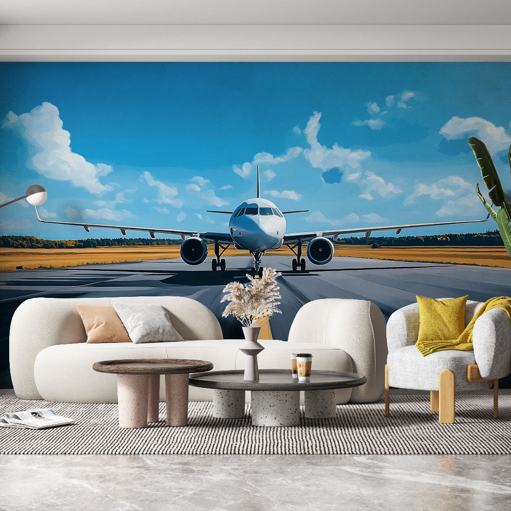 Mural Wallpaper airplane | Modern airplane on a runway under a blue sk ...