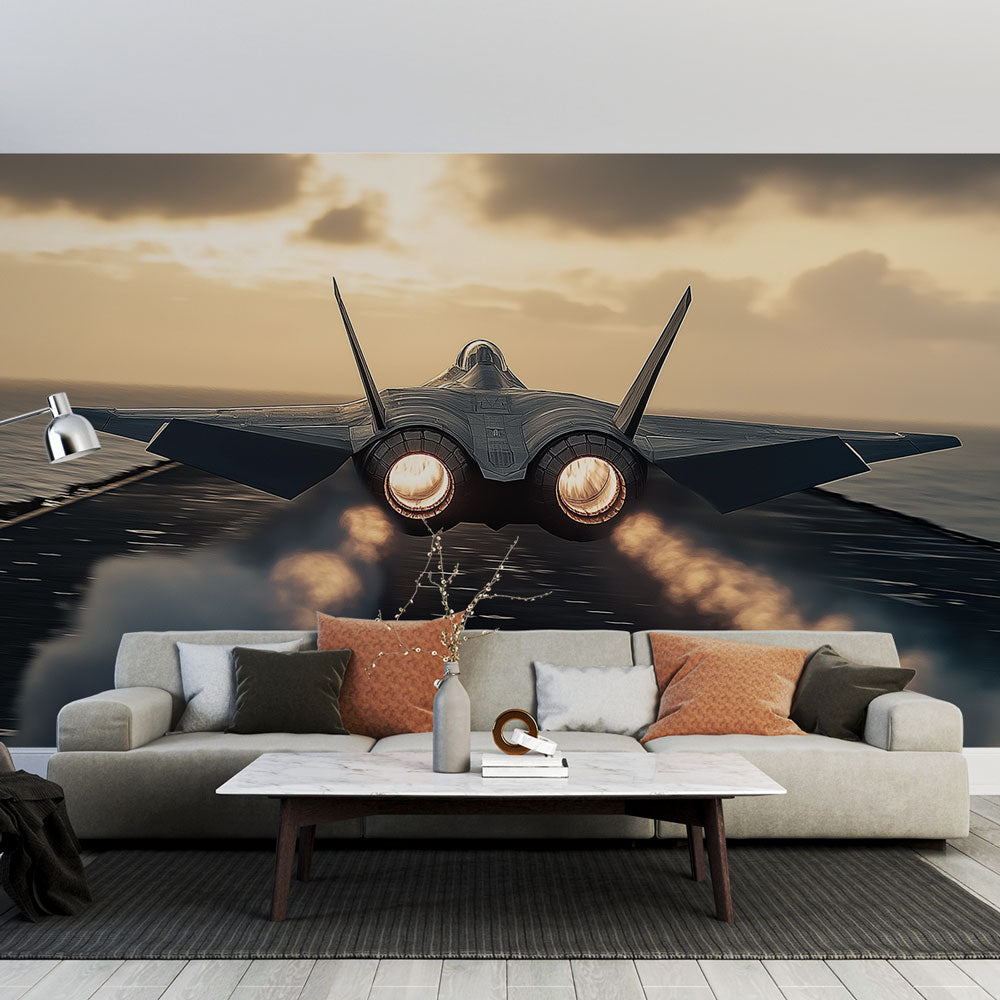 Mural Wallpaper fighter jet | Dynamic takeoff at sunset — WonderMural