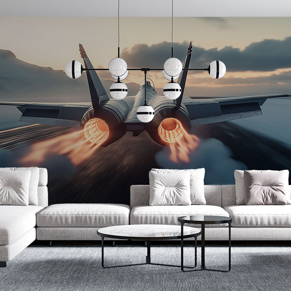 Mural Wallpaper fighter jet | Takeoff at full speed on a mountainous b ...