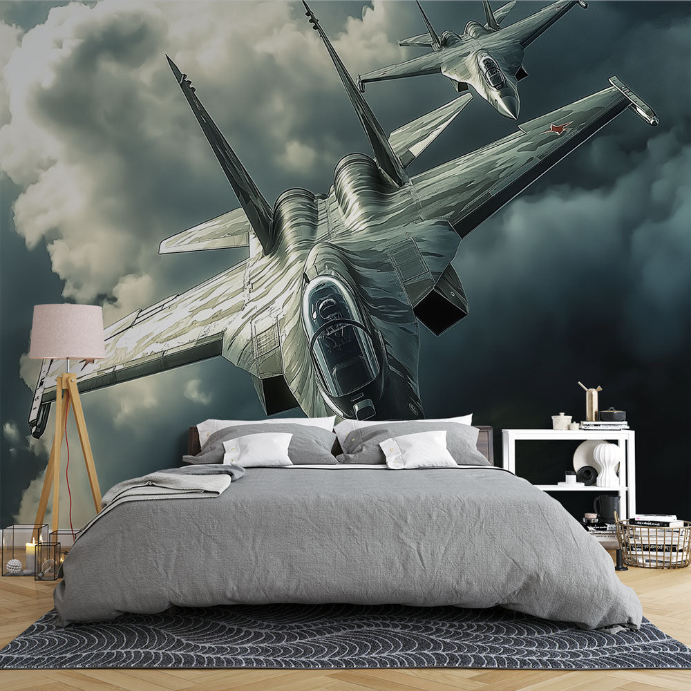 Mural Wallpaper fighter jet | Stealth in a cloudy sky — WonderMural