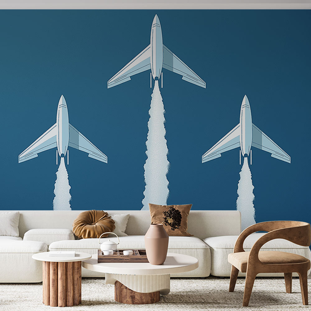 Mural Wallpaper airplane | Takeoff of three airplanes in a blue sky ...