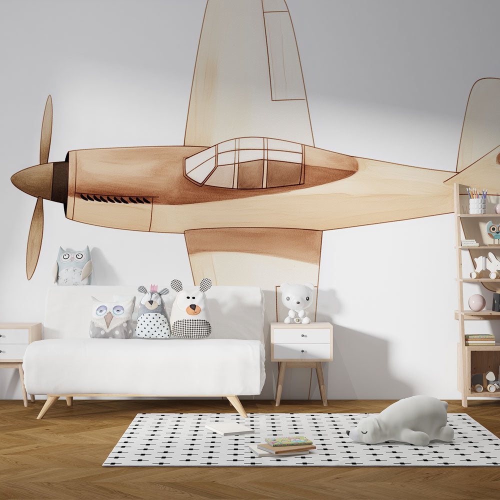 Mural Wallpaper vintage airplane | Illustration of a pastel wooden air ...